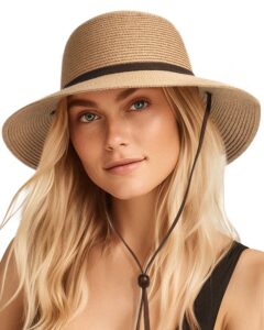 furtalk womens wide brim sun hat with wind lanyard upf summer straw sun hats for women a-khaki