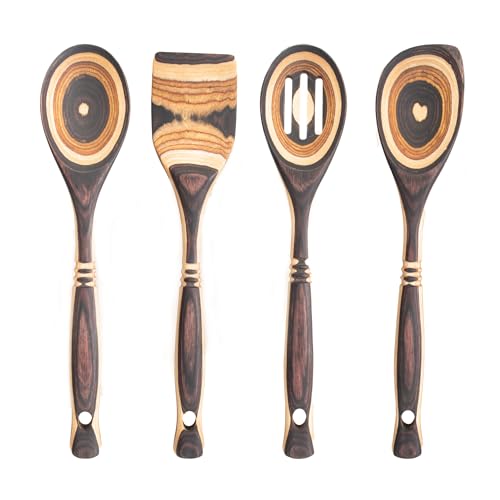 Island Bamboo Natural Pakkawood 12" Wooden Spoon Set of 4 with Standard Spoon, Slotted Spoon, Corner Spoon, and Straight-Edge Spatula