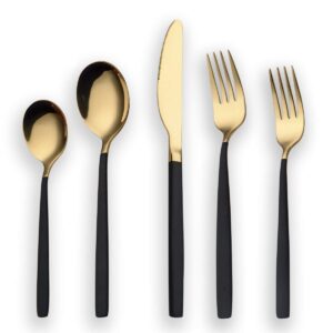 berglander 20 piece titanium black and golden plated stainless steel flatware set, black handle with golden mouth silverware set black and golden cutlery set service for 4 (shiny black,shiny golden)