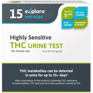 exploro highly sensitive at home marijuana drug test kit, thc drug test kit marijuana/weed, thc drug test urine, easy home drug test marijuana/thc substance abuse, 15 thc test strips/sticks, 50 ng/ml