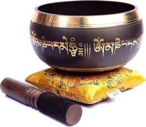 tibetan singing bowl set bronze - master healing grade - with tibetan thangka art - pure tone by himalayan bazaar (black & yellow)