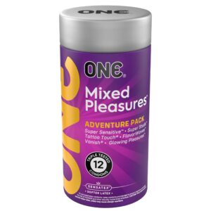 one® condoms mixed pleasures™ | variety condom pack | thin condoms, glow in the dark condoms, studded condoms | 12 pack