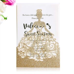 ponatia 25pcs crown gold glitter quinceanera invitations, laser cut invitations cards with envelopes, printable inner sheets for birthday, baby shower, quinceañera party invite, xv años, quince