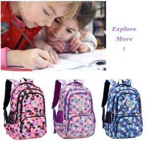 Bansusu Geometric-Print Purple-Backpack for Girls Middle-School Elementary Bookbags