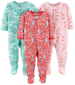 simple joys by carter's baby girls' 3-pack loose fit flame resistant polyester jersey footed pajamas, cactus/giraffe/rainbow, 2t