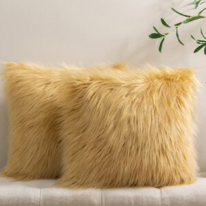 phantoscope pack of 2 faux fur throw pillow covers cushion covers luxury soft decorative pillowcase fuzzy pillow covers for bed/couch,ginger 18 x 18 inches