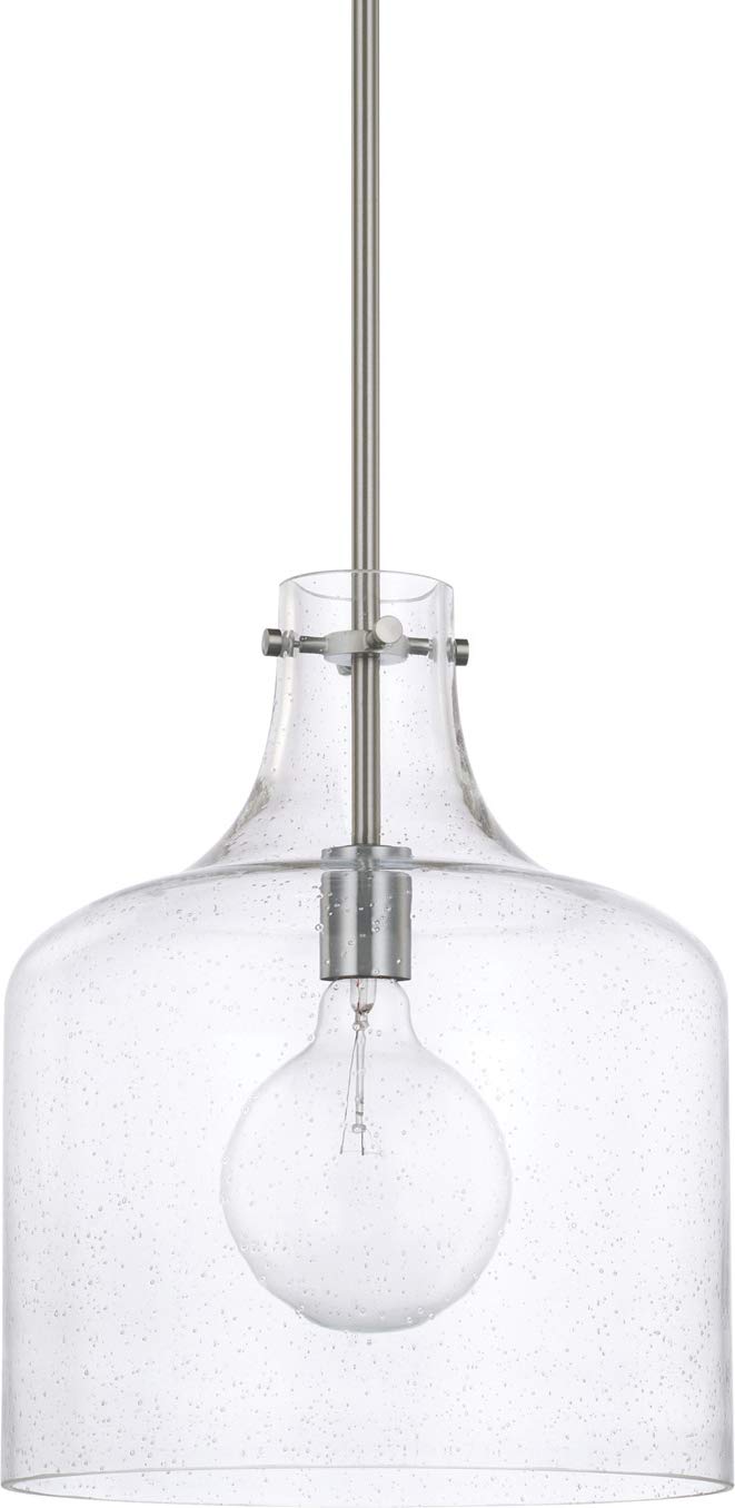 HomePlace Lighting 325712BN Crawford Urban/Industrial Clear Seeded Glass Jar Pendant Light, 1-Light 100 Watt, 15" H x 12" W, Brushed Nickel