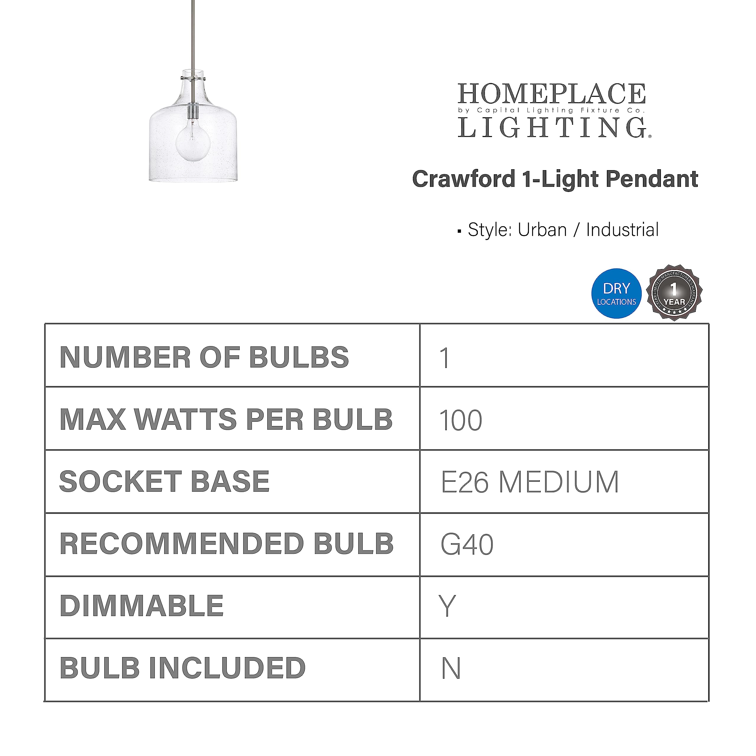 HomePlace Lighting 325712BN Crawford Urban/Industrial Clear Seeded Glass Jar Pendant Light, 1-Light 100 Watt, 15" H x 12" W, Brushed Nickel