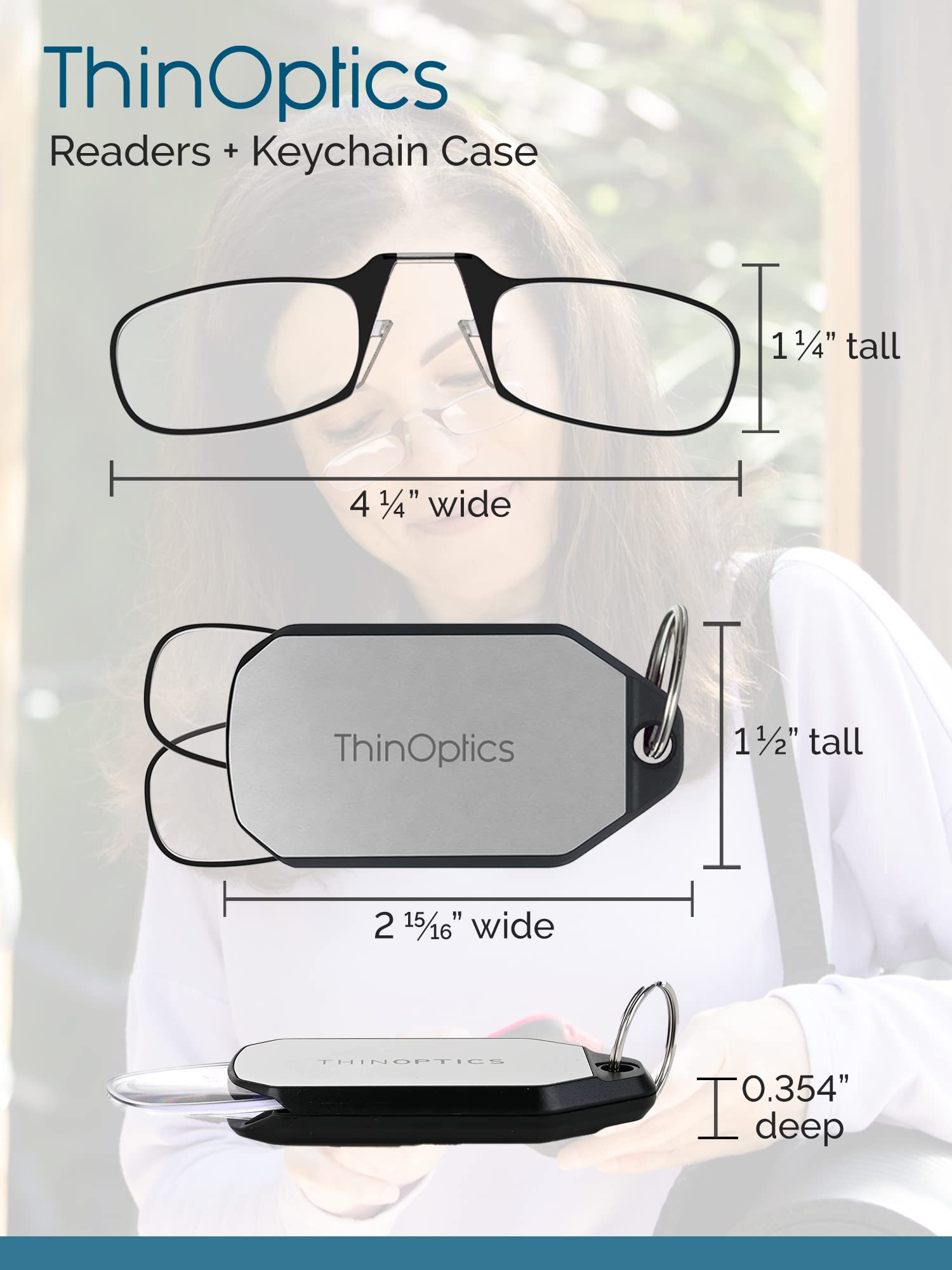 ThinOptics Keychain Case and Readers Rectangular Reading Glasses, Black, 44 mm + 2.5 dioptre