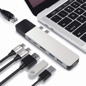 hyperdrive usb c hub, net 6-in-2 for macbook pro air, multi-port usb-c dongle w/gigabit ethernet, 40gbps/100w pd, 5gbps/60w pd, 4k30hz hdmi