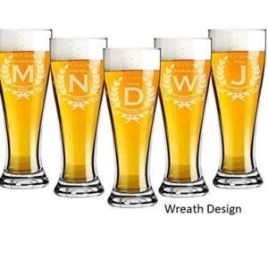 Groomsmen 16 ounce Pilsner Pint Beer Glass Sets of 2 to 12 Custom Engraved including Choices of Design and Text