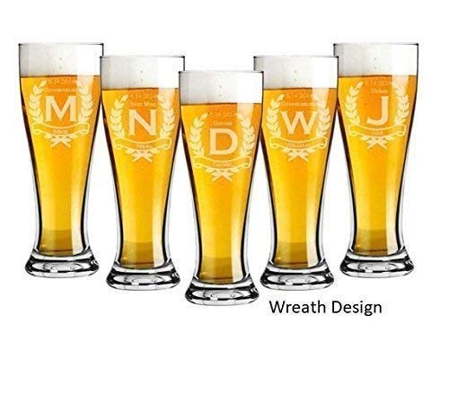 Groomsmen 16 ounce Pilsner Pint Beer Glass Sets of 2 to 12 Custom Engraved including Choices of Design and Text