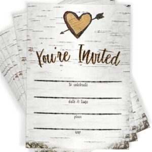 printed party fill-in invitations and envelopes, rustic birch, set of 25