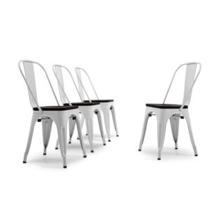 belleze metal dining chairs set of 4, stackable metal chairs vintage farmhouse chairs with detachable backrest and wood seat, weather resistant tolix chair for indoor outdoor - alexander (white)