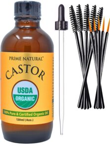 prime natural organic castor oil (4oz / 120ml) - usda certified organic, pure, cold pressed, thick, hexane free - stimulate growth for eyelashes, eyebrows, hair, skin moisturizer