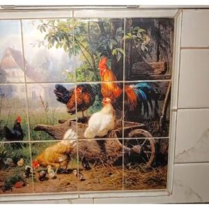 Farm Rooster Chickens by Carl Jutz Accent Tile Mural Kitchen Bathroom Wall Backsplash Behind Stove Range Sink Splashback One Tile 10"x8" Ceramic, Matte