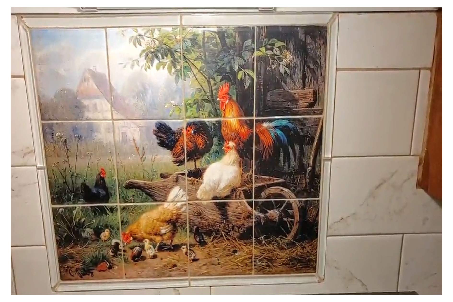 Farm Rooster Chickens by Carl Jutz Accent Tile Mural Kitchen Bathroom Wall Backsplash Behind Stove Range Sink Splashback One Tile 10"x8" Ceramic, Matte