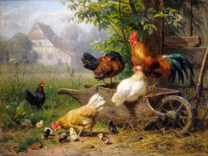 farm rooster chickens by carl jutz accent tile mural kitchen bathroom wall backsplash behind stove range sink splashback one tile 10"x8" ceramic, matte