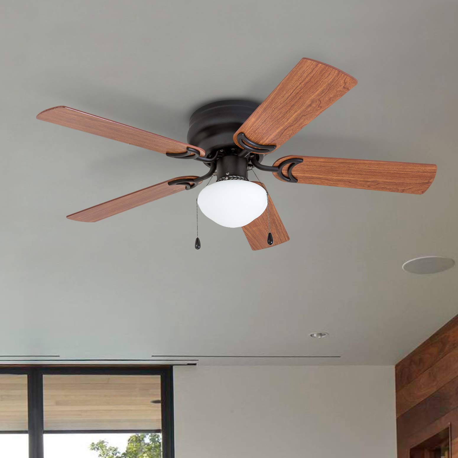 Prominence Home Alvina, 42 Inch Traditional Flush Mount Indoor LED Ceiling Fan with Light, Pull Chain, Dual Finish Blades, Reversible Motor - 50860-01 (Bronze)