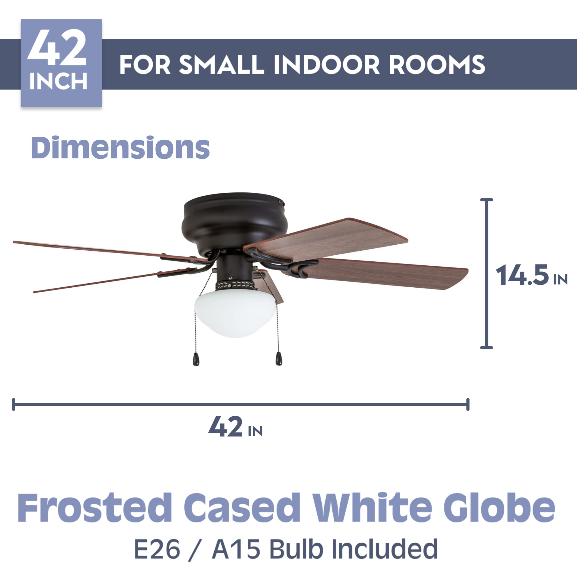 Prominence Home Alvina, 42 Inch Traditional Flush Mount Indoor LED Ceiling Fan with Light, Pull Chain, Dual Finish Blades, Reversible Motor - 50860-01 (Bronze)