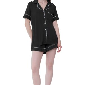 Ladies Button Down Pj Sets Jersey Knit Pajama Short Sleeve Loungewear lightweight/Lightweight(Black,Small)