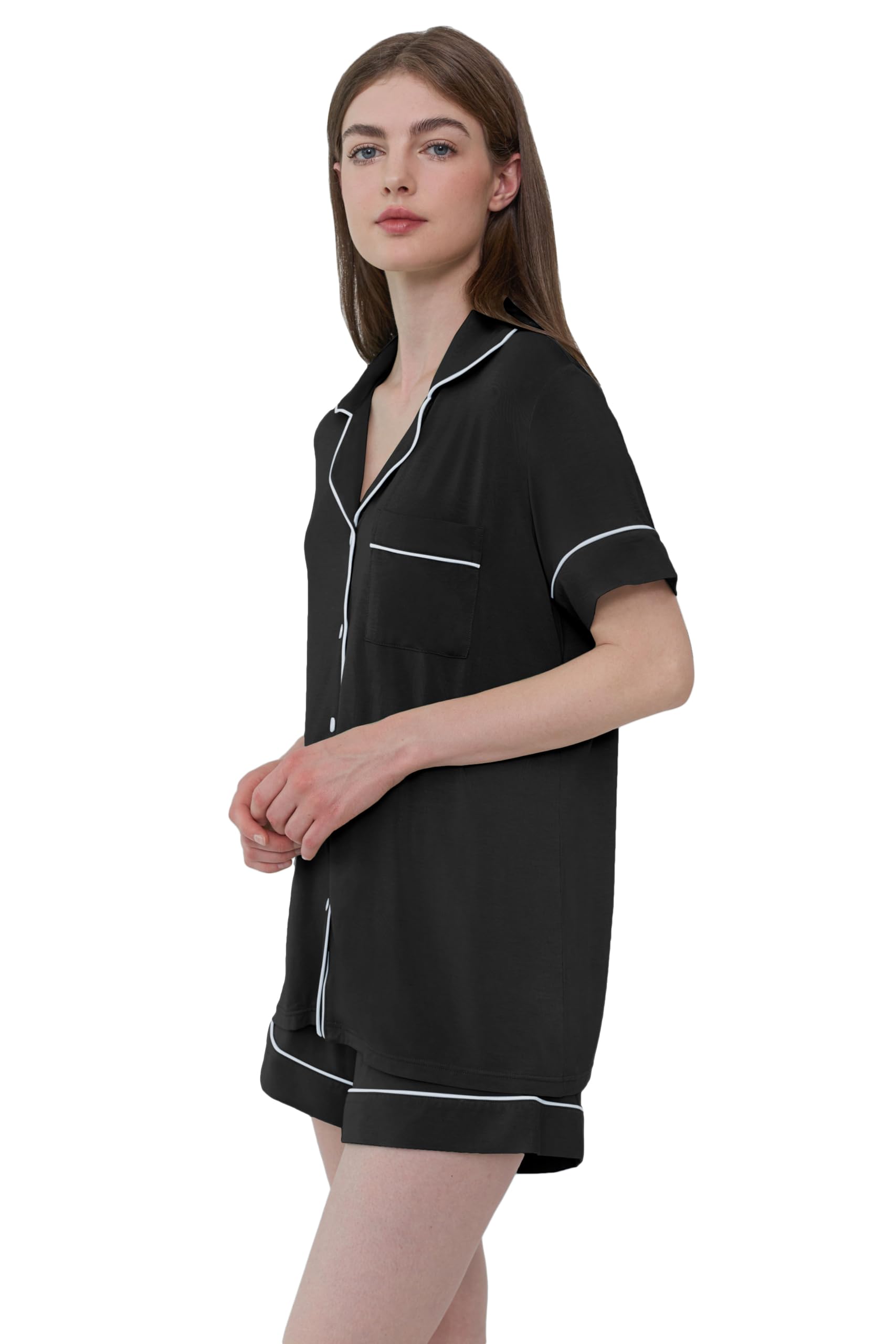 Ladies Button Down Pj Sets Jersey Knit Pajama Short Sleeve Loungewear lightweight/Lightweight(Black,Small)