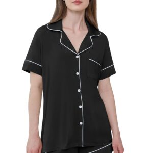 Ladies Button Down Pj Sets Jersey Knit Pajama Short Sleeve Loungewear lightweight/Lightweight(Black,Small)