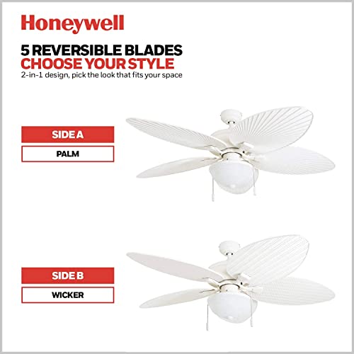 Honeywell Ceiling Fans Inland Breeze, 52 Inch Tropical Indoor Outdoor Ceiling Fan with Light, Pull Chain, Three Mount Options, Weather Resistant Blades - 50511-01 (White)