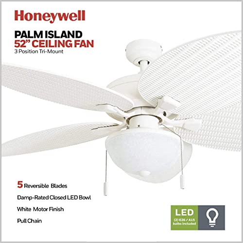 Honeywell Ceiling Fans Inland Breeze, 52 Inch Tropical Indoor Outdoor Ceiling Fan with Light, Pull Chain, Three Mount Options, Weather Resistant Blades - 50511-01 (White)