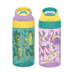 zak designs 16oz riverside desert life kids water bottle with straw and built in carrying loop made of durable plastic, leak-proof design for travel, cactus-flamingo pineapple, 2pk set