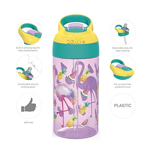 Zak Designs 16oz Riverside Desert Life Kids Water Bottle with Straw and Built in Carrying Loop Made of Durable Plastic, Leak-Proof Design for Travel, Cactus-Flamingo Pineapple, 2PK Set