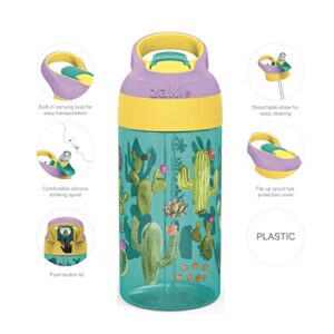 Zak Designs 16oz Riverside Desert Life Kids Water Bottle with Straw and Built in Carrying Loop Made of Durable Plastic, Leak-Proof Design for Travel, Cactus-Flamingo Pineapple, 2PK Set