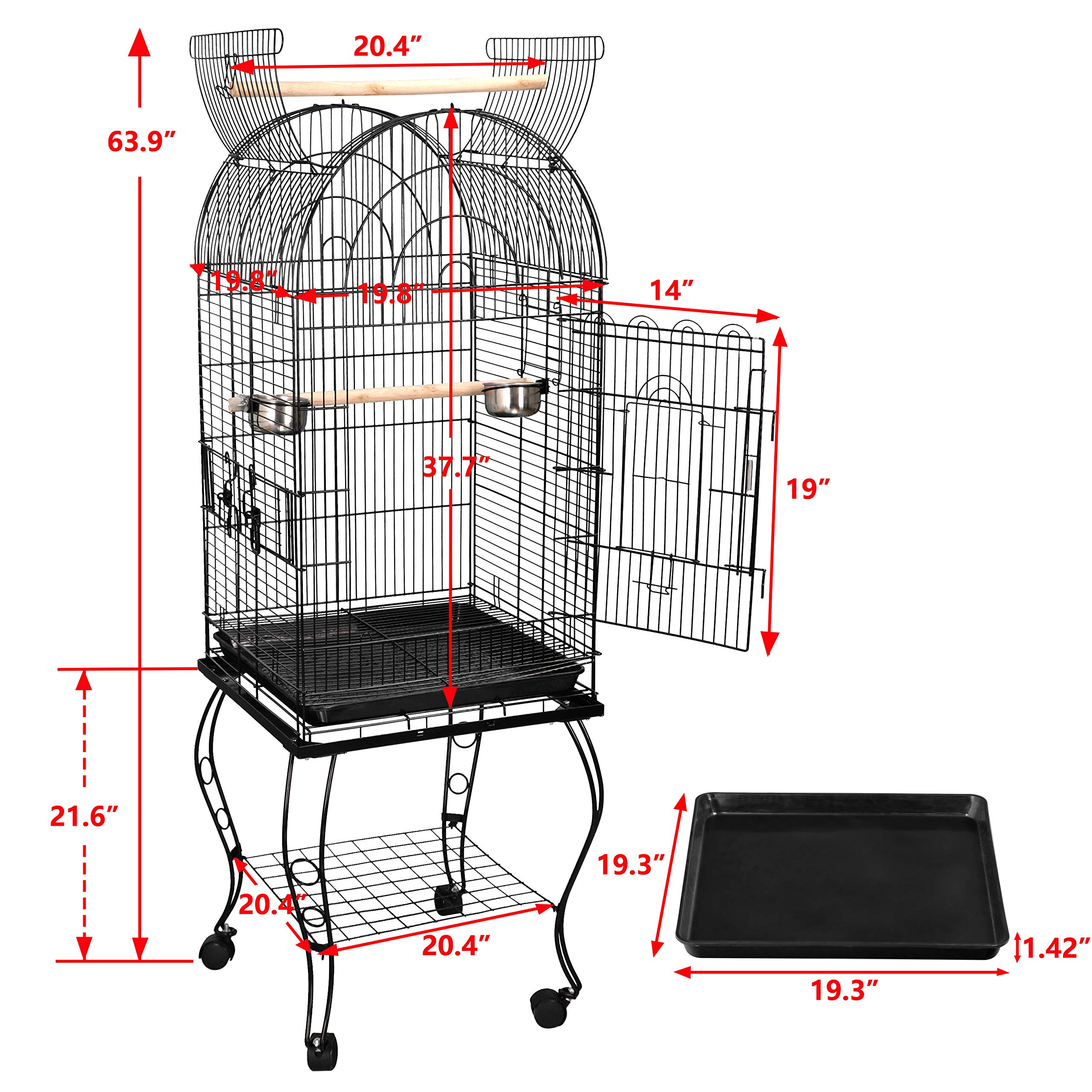 ZENY 63.5 Inch Open-Top Birdcage, Wrought Iron Bird Cage with Slide-Out Tray + Detachable Rolling Stand, Pet Parrot Cage for Parakeets Cockatoo Cockatiels, Play-Top Birdcage