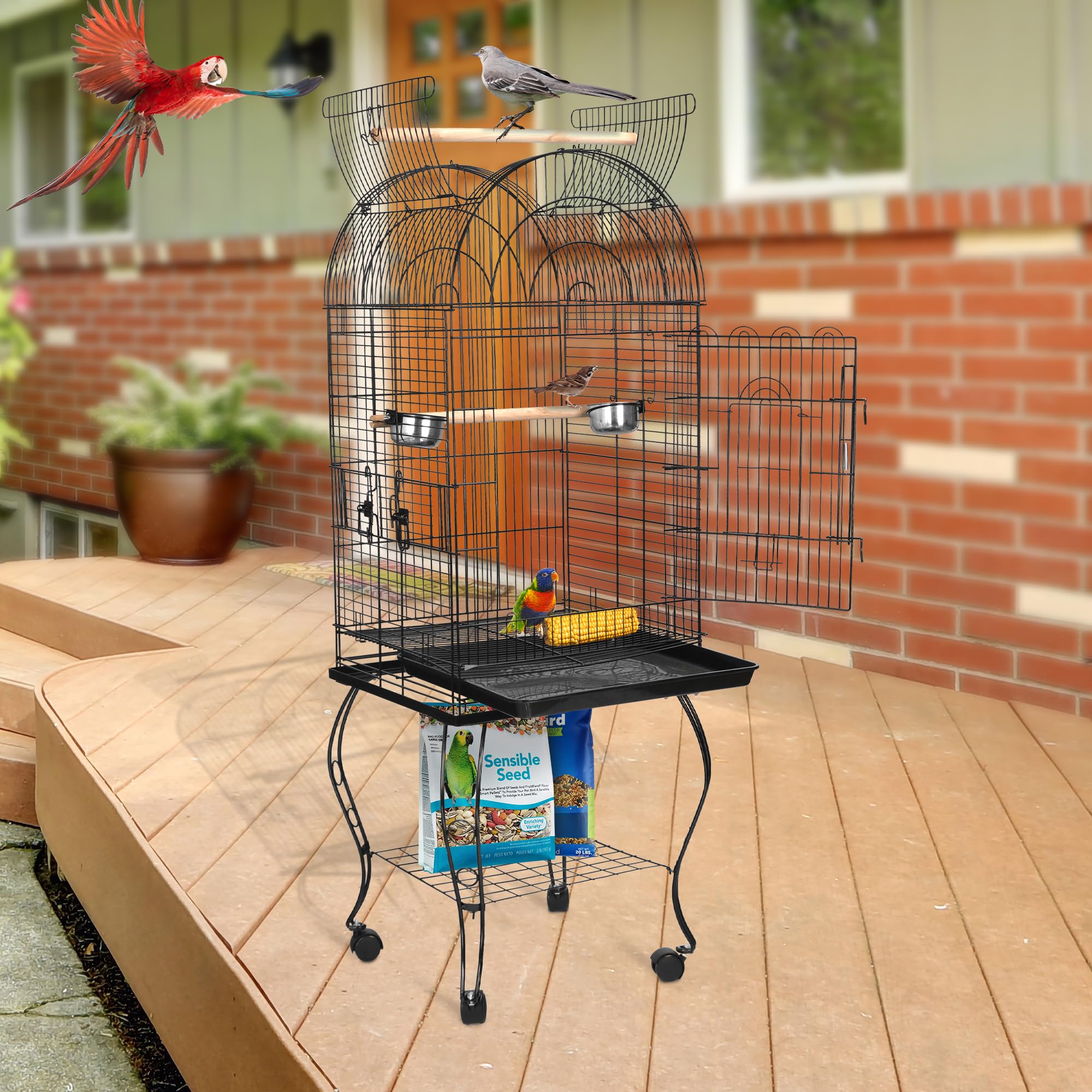 ZENY 63.5 Inch Open-Top Birdcage, Wrought Iron Bird Cage with Slide-Out Tray + Detachable Rolling Stand, Pet Parrot Cage for Parakeets Cockatoo Cockatiels, Play-Top Birdcage