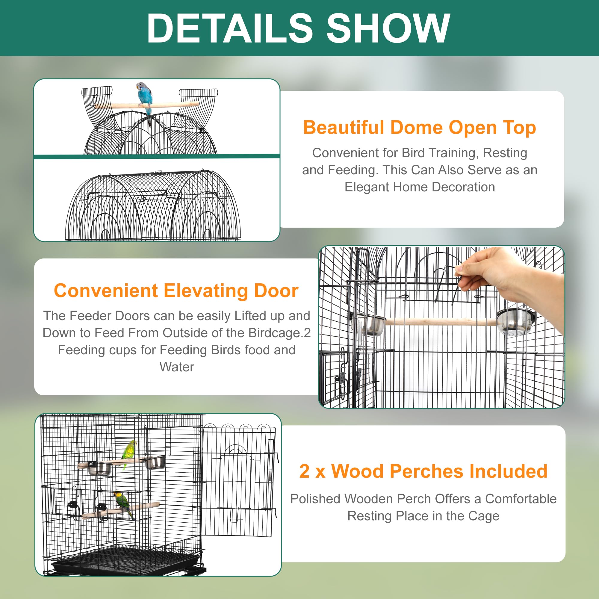 ZENY 63.5 Inch Open-Top Birdcage, Wrought Iron Bird Cage with Slide-Out Tray + Detachable Rolling Stand, Pet Parrot Cage for Parakeets Cockatoo Cockatiels, Play-Top Birdcage