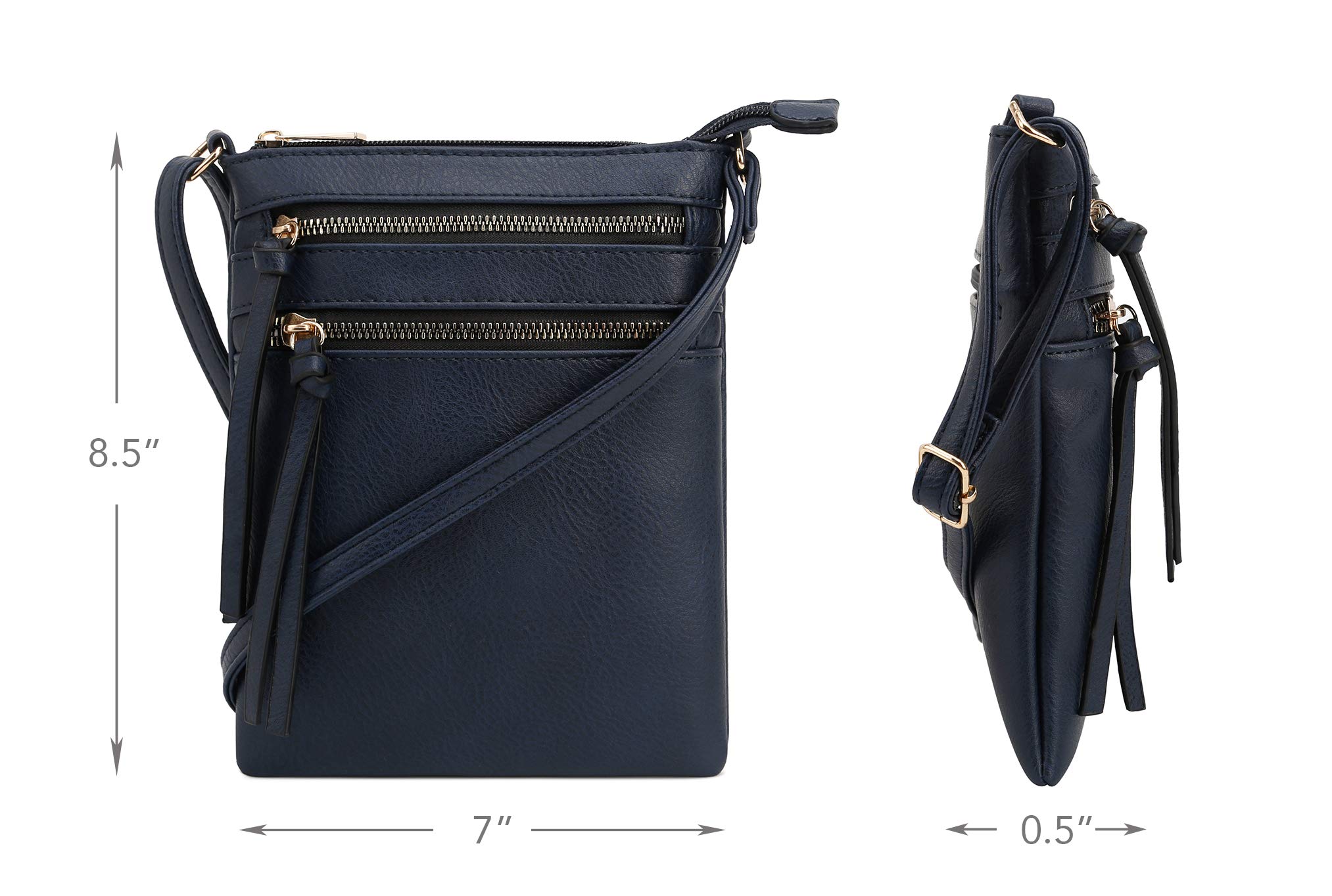 DELUXITY | Crossbody Purse Bag | Functional Multi Pocket Double Zipper Purse | Adjustable Strap | Medium Size Purse | Navy