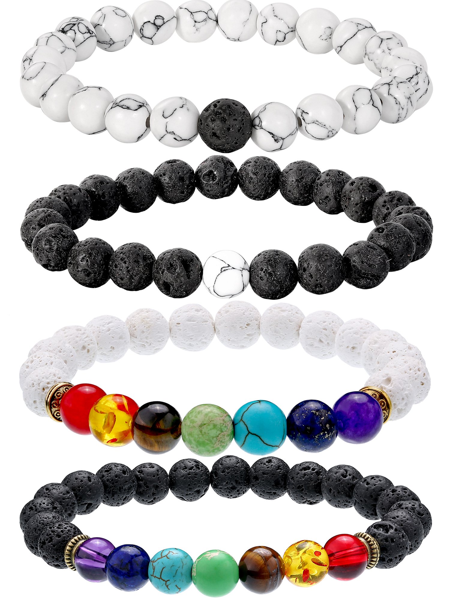 Bememo 4 Pieces Chakra Bracelets for Men Women Aromatherapy Essential Oil Diffuser Lava Stone Bracelets for Yoga Bracelets 7 Colors Chakra Beads