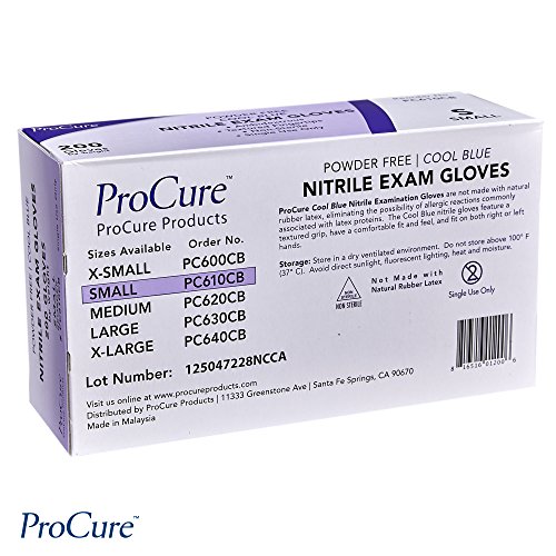 ProCure [200 Count Disposable Nitrile Gloves Small - Powder Free, Rubber Latex Free, Medical Exam Grade, Non Sterile, Ambidextrous - Soft with Textured Tips - Cool Blue