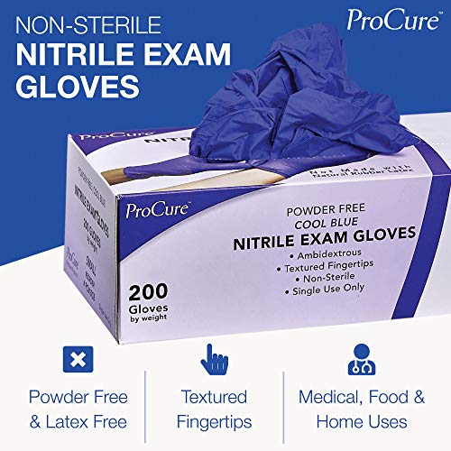 ProCure [200 Count Disposable Nitrile Gloves Small - Powder Free, Rubber Latex Free, Medical Exam Grade, Non Sterile, Ambidextrous - Soft with Textured Tips - Cool Blue