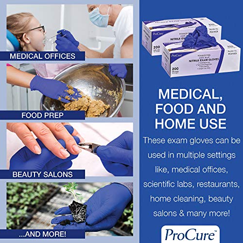 ProCure [200 Count Disposable Nitrile Gloves Small - Powder Free, Rubber Latex Free, Medical Exam Grade, Non Sterile, Ambidextrous - Soft with Textured Tips - Cool Blue