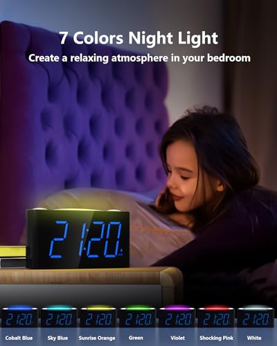 Digital Alarm Clock for Bedroom - 7 Color Night Light,2 USB Chargers,7.5" Large Number Screen & Slider Dimmer,12/24 H,Battery Backup,Easy Loud Electric Alarm Clock for Heavy Sleeper,Boy&Girl Kid Teen