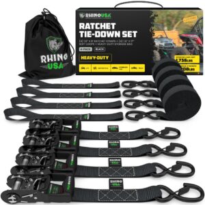 rhino usa ratchet straps tie down kit for atv, 5,208 break strength - includes (4) heavy duty rachet tiedowns with padded handles & coated chromoly s hooks + (4) soft loop tie-downs,black