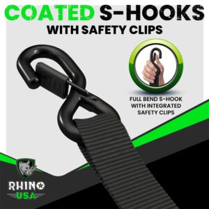 RHINO USA Ratchet Straps Tie Down Kit for ATV, 5,208 Break Strength - includes (4) Heavy Duty Rachet Tiedowns with Padded Handles & Coated Chromoly S Hooks + (4) Soft Loop Tie-Downs,Black