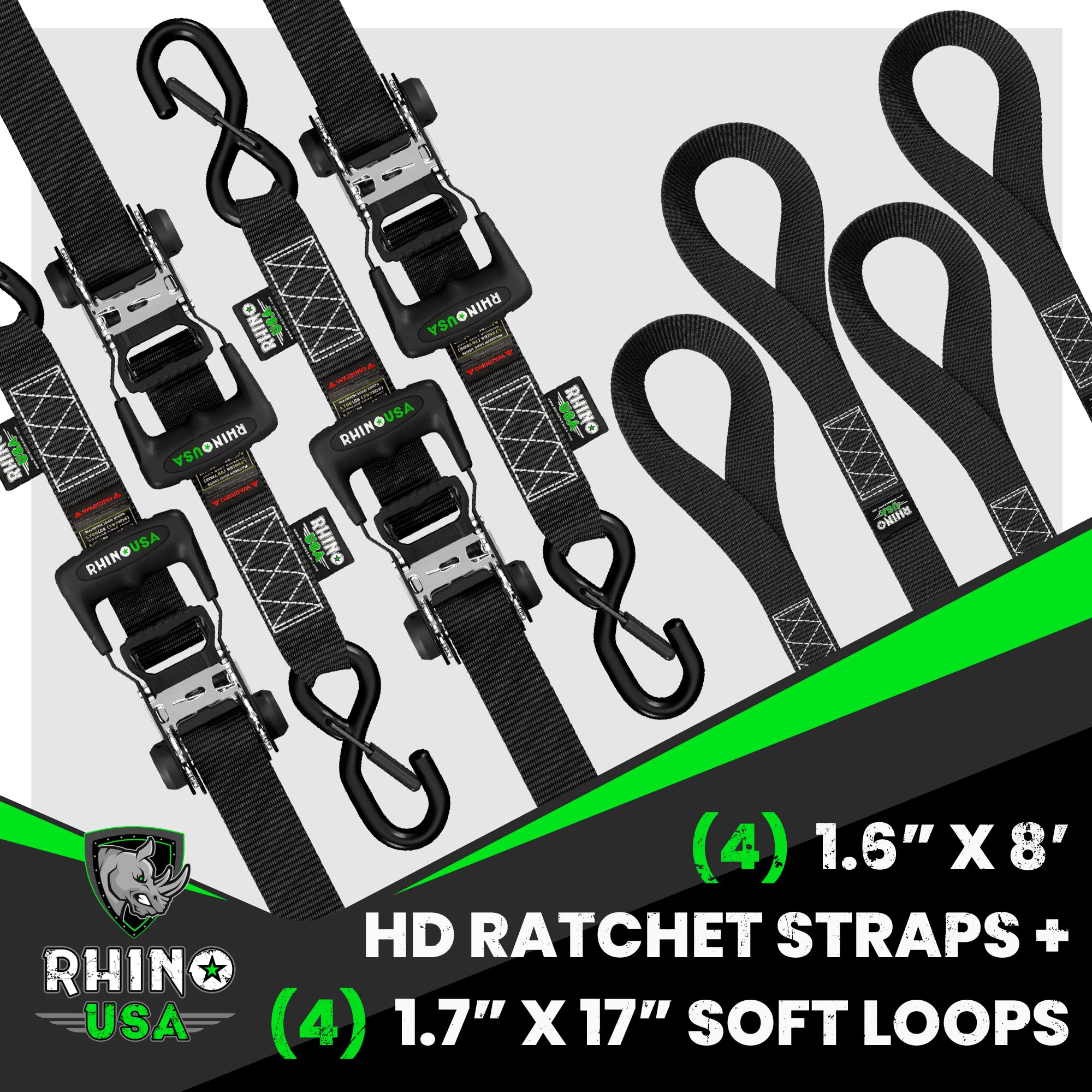 RHINO USA Ratchet Straps Tie Down Kit for ATV, 5,208 Break Strength - includes (4) Heavy Duty Rachet Tiedowns with Padded Handles & Coated Chromoly S Hooks + (4) Soft Loop Tie-Downs,Black