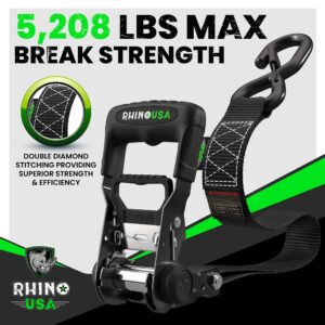 RHINO USA Ratchet Straps Tie Down Kit for ATV, 5,208 Break Strength - includes (4) Heavy Duty Rachet Tiedowns with Padded Handles & Coated Chromoly S Hooks + (4) Soft Loop Tie-Downs,Black