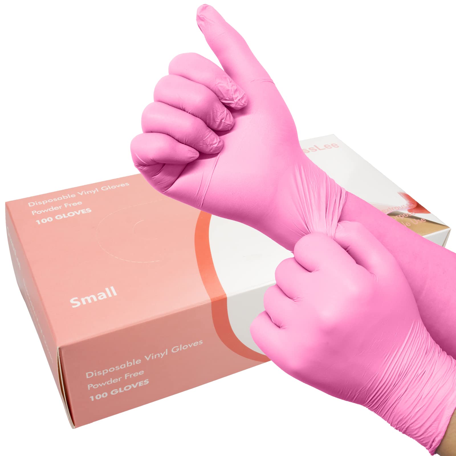 100 Pack Pink Vinyl Disposable Gloves - Latex Free and Power Free Food Grade Exam Gloves for Cleaning Food Prep Kitchen Use, Small