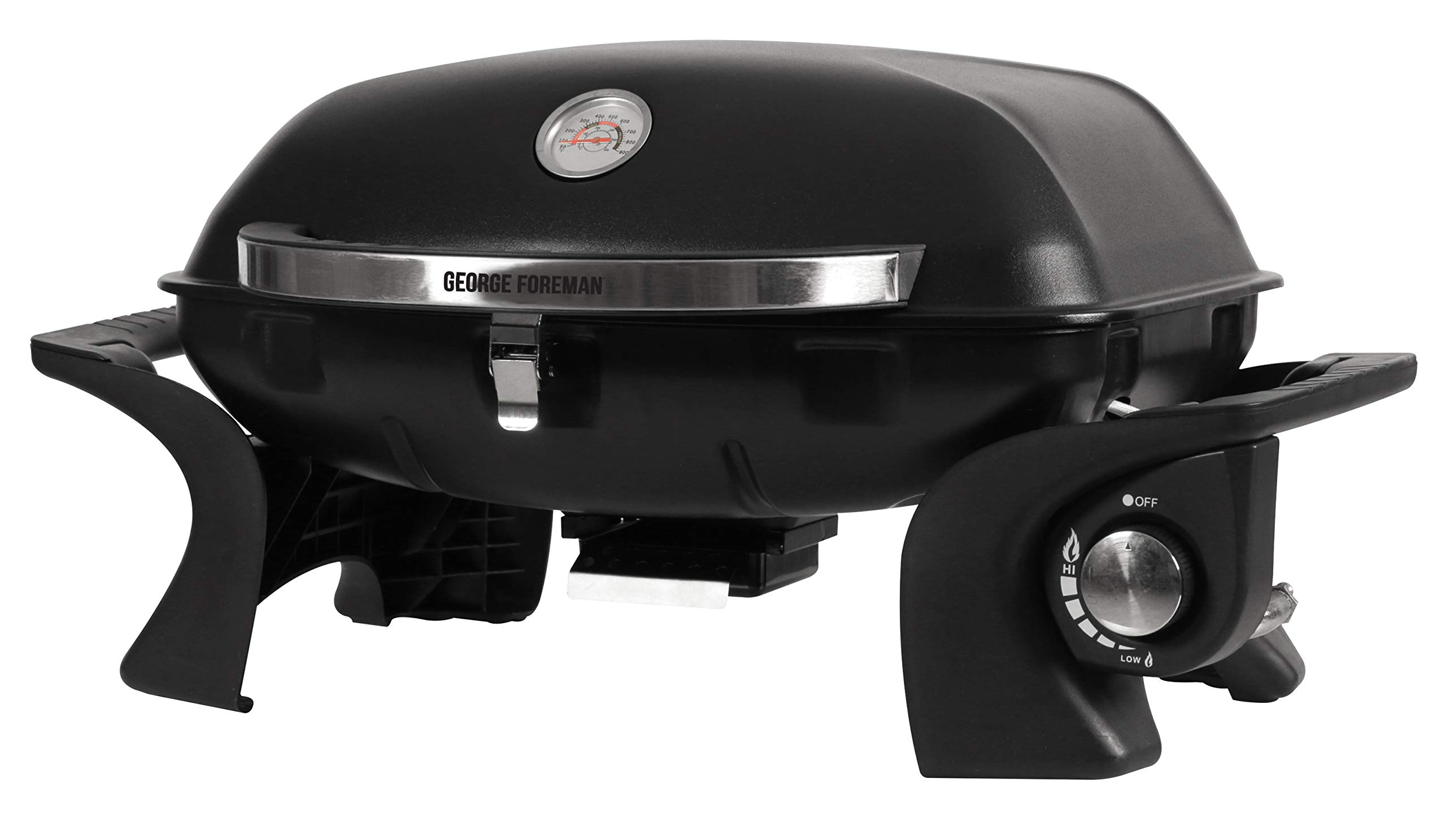 George Foreman Portable Gas BBQ with Integrated Thermostat, Black, Lightweight & Compact, Steel Body & Automatic Ignition, Gas Barbecue, GFSBBQ1