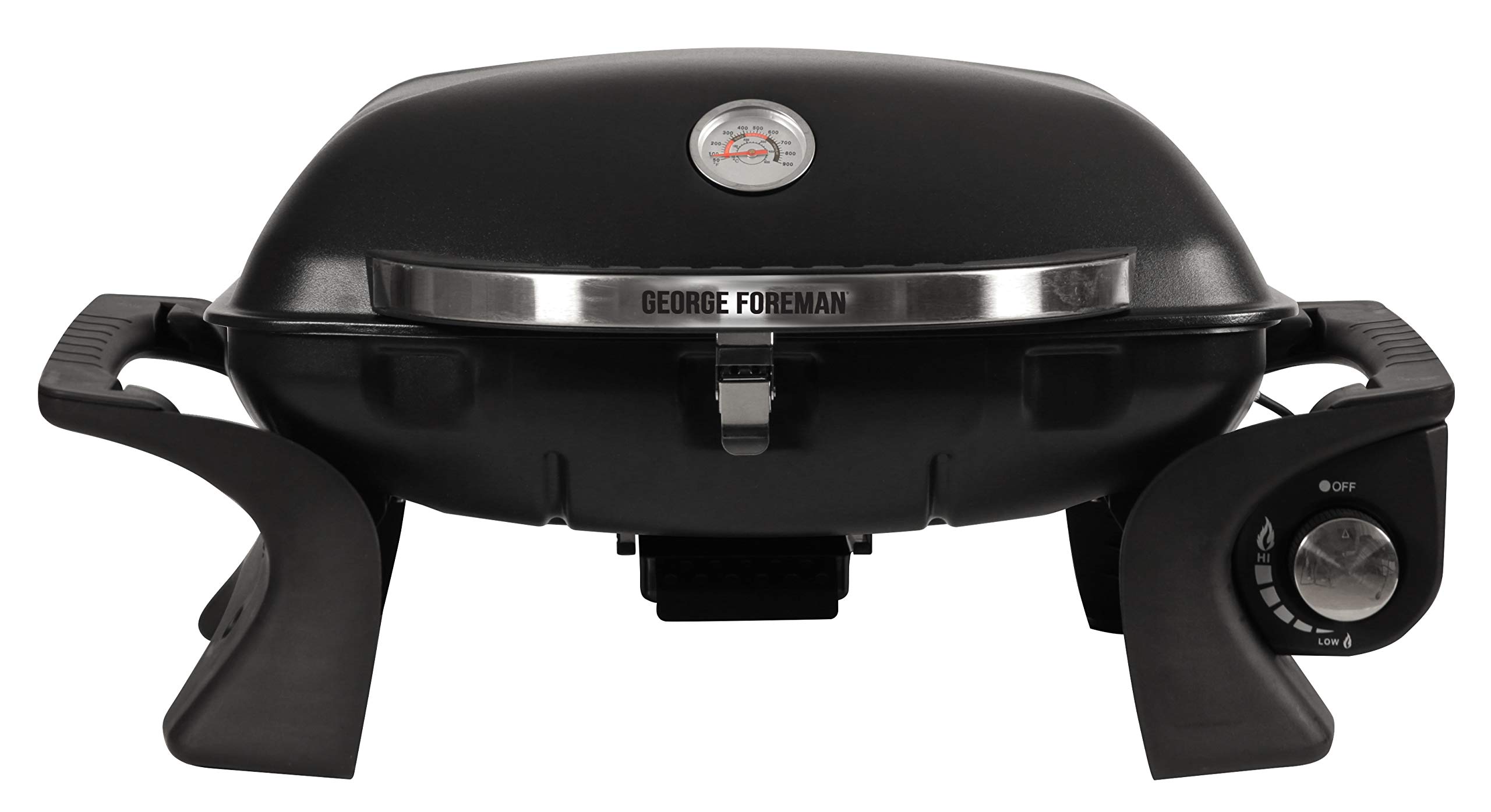 George Foreman Portable Gas BBQ with Integrated Thermostat, Black, Lightweight & Compact, Steel Body & Automatic Ignition, Gas Barbecue, GFSBBQ1