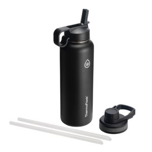 thermoflask 40 oz double wall vacuum insulated stainless steel water bottle with spout and straw lids, black