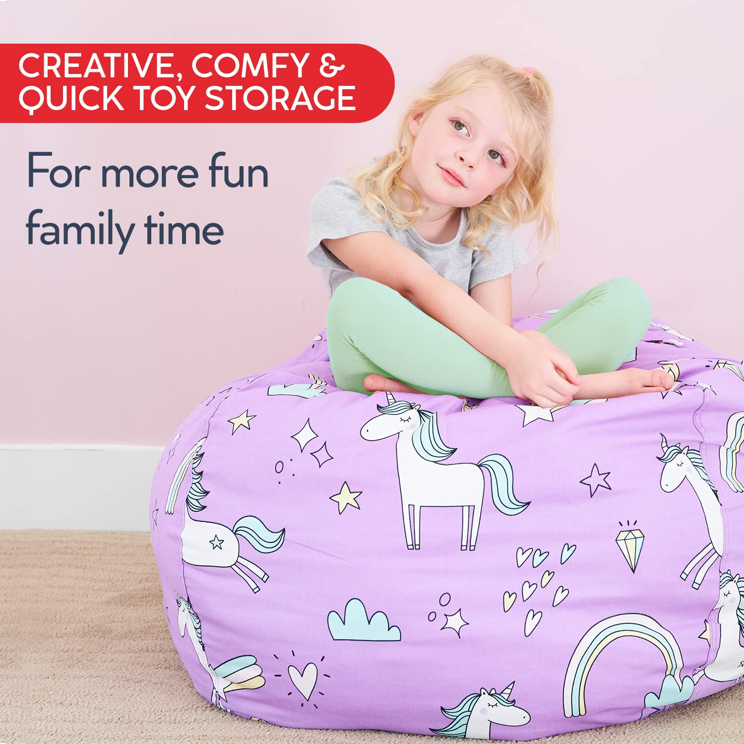 Creative QT Stuff ’n Sit Large 33’’ Bean Bag Storage Cover for Stuffed Animals & Toys – Gray Dandelion Print – Toddler & Kids’ Rooms Organizer – Beanbag Makes Great Plush Toy Hammock Alternative